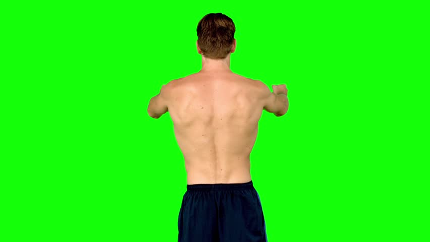 Shirtless Serious Man Flexing Muscles In Slow Motion On Green Screen