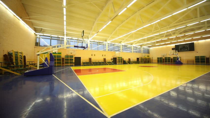 Inside Lighted Blue Yellow School Gym Hall With Basket, View From ...