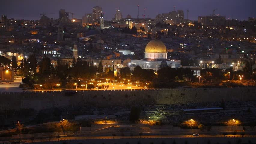 Skyline Of Jerusalem Israel Dome Of The Rock At Night Time Lapse Pan ...