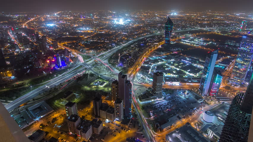 Skyline With Skyscrapers Night Timelapse In Kuwait City Downtown ...