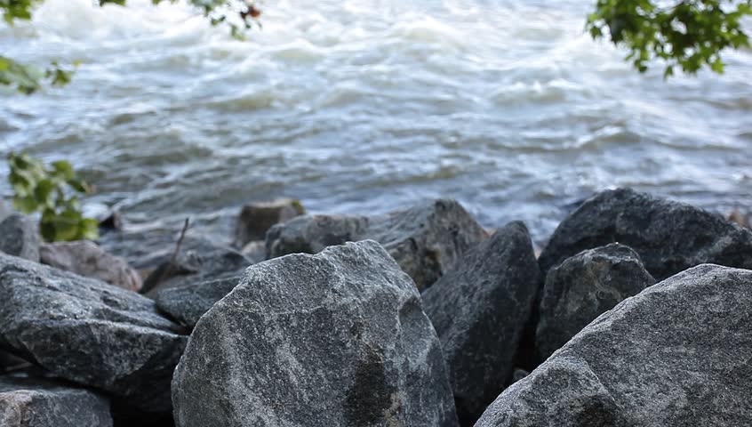 River Bank Rocks And Fast River - Narrow Depth Of Field - Focus On ...