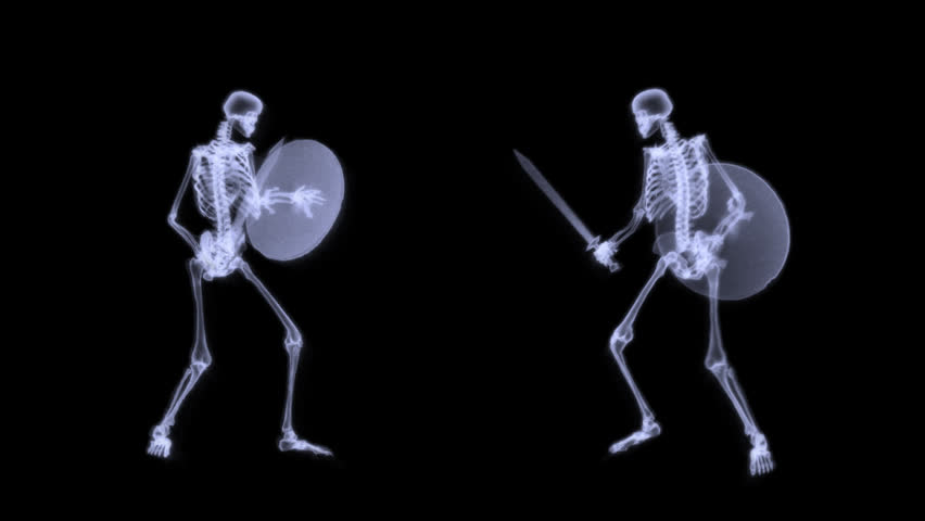 Xray Of 2 Human Skeleton Fighting In A Sword Combat. 3d Rendering Like ...