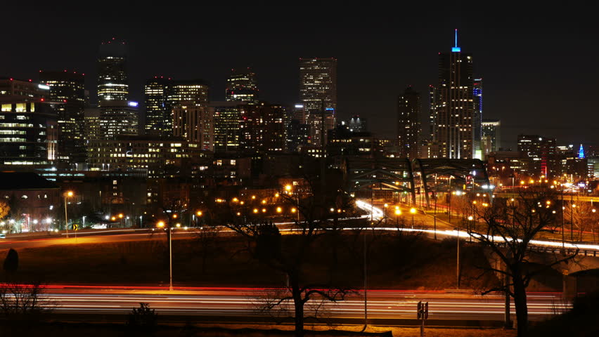 Downtown Denver, Colorado At Night, With Highway Traffic And City ...