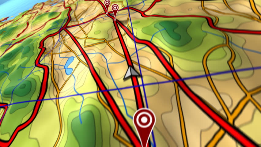 GPS Road Map Animation Loop. Following A Vehicle Along A Route Marked ...
