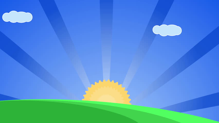 Animated Scene Of Hills, Stream Or River, Radiating Sun And Moving ...