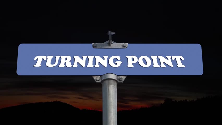 Turning Point Road Sign With Time Lapse Sunrise Background Stock ...